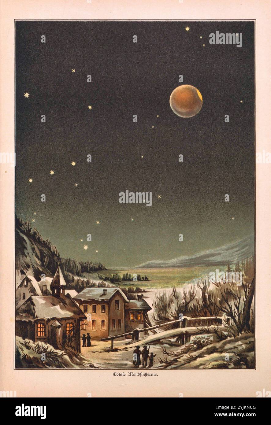 Total lunar eclipse, over a winter scene. Vintage lithograph ...