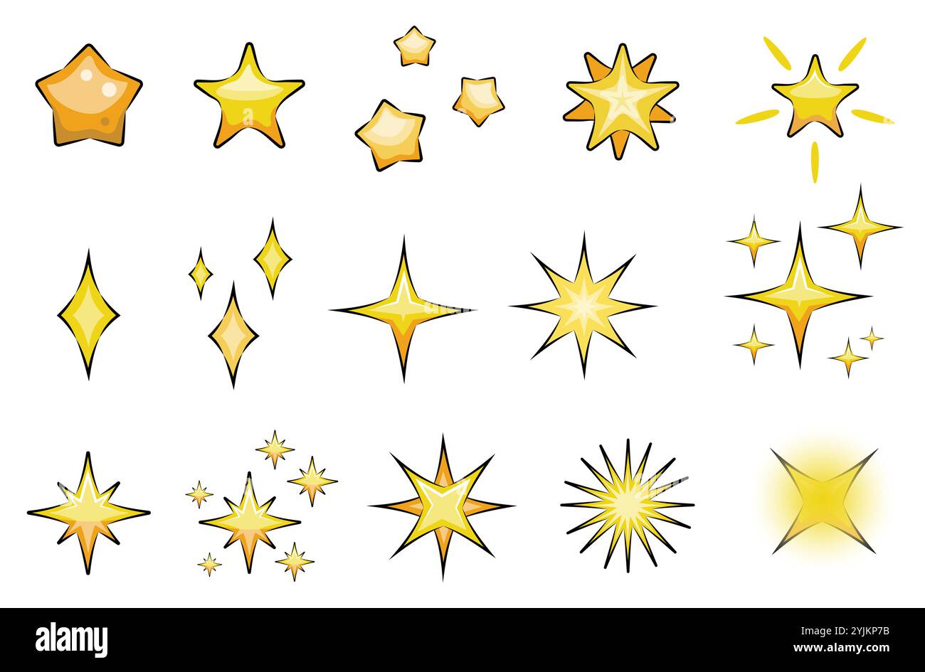 Cartoon shining stars. Set of yellow sparkling stars. Vector ...