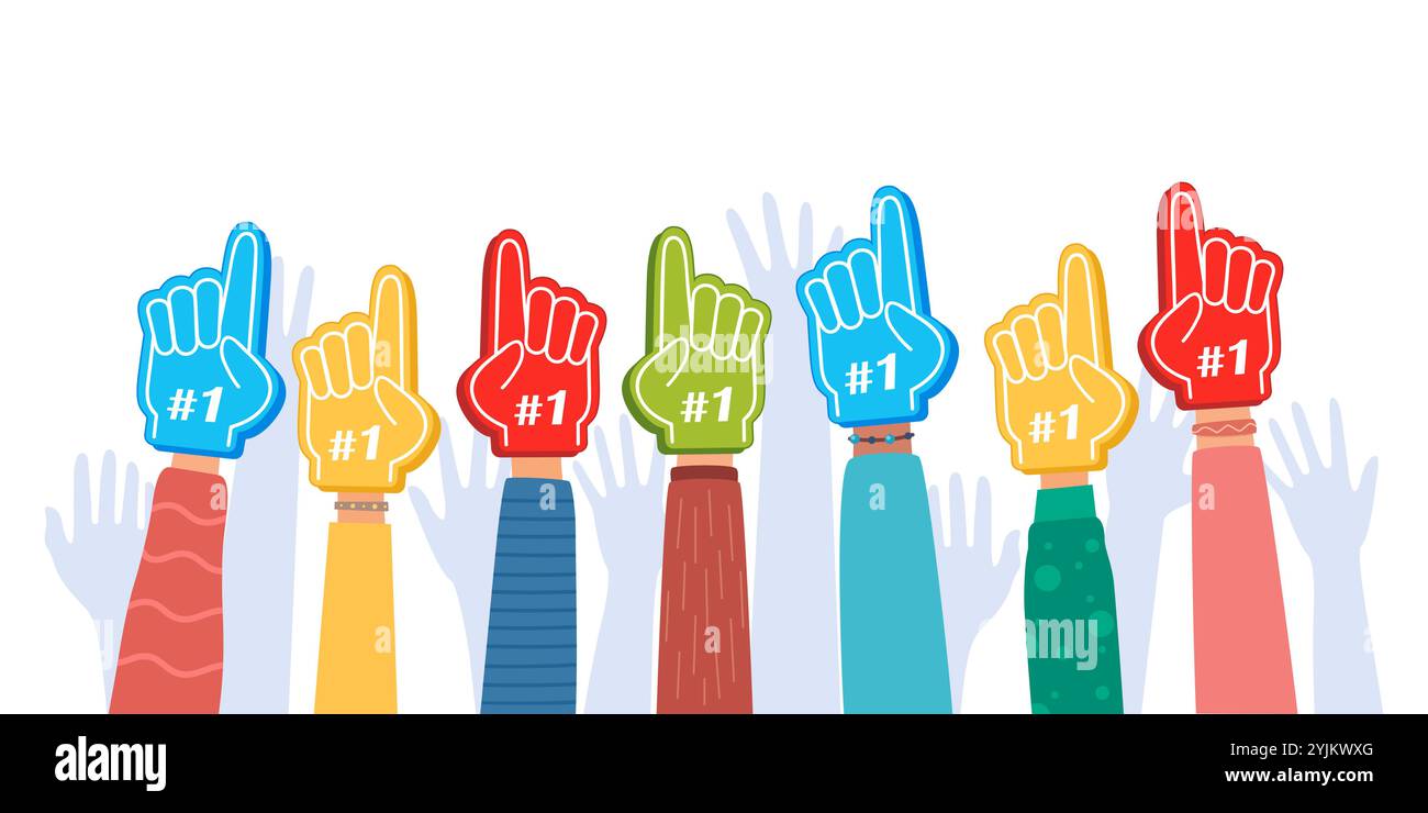 Fan foam fingers. Hands up with glove with number one, stadium ...