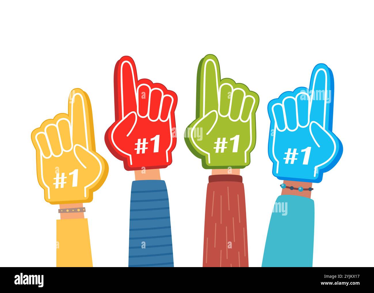 Fan foam fingers. Hands up with glove with number one, stadium ...