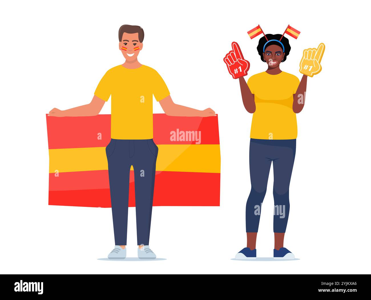 Football fan characters, man and woman. Soccer fan holding flag and ...