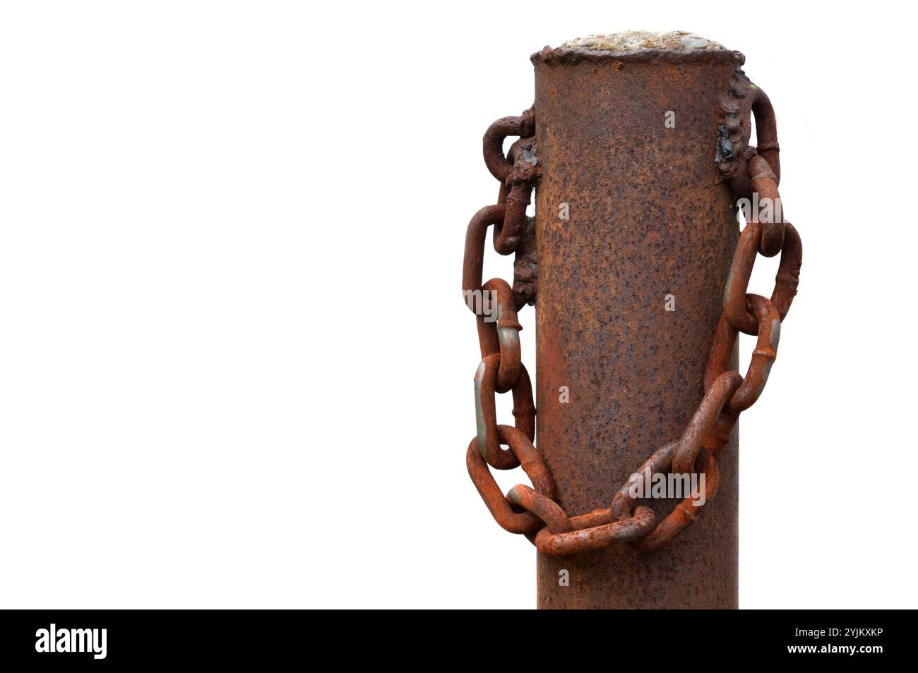 rusty pillars and iron chain isolated on white background with empty ...