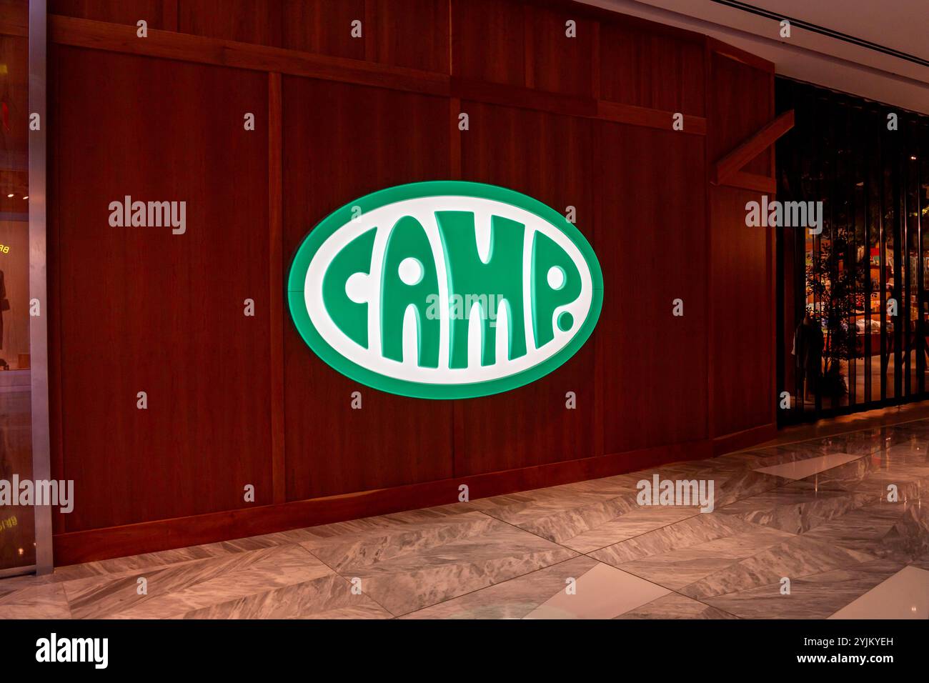 New York City, USA - August 18, 2022: A Camp toy store logo sign is ...