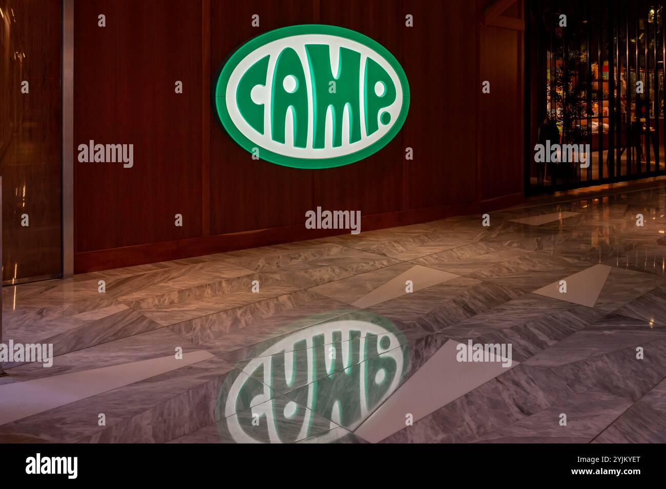 New York City, USA - August 18, 2022: A Camp toy store logo sign is ...