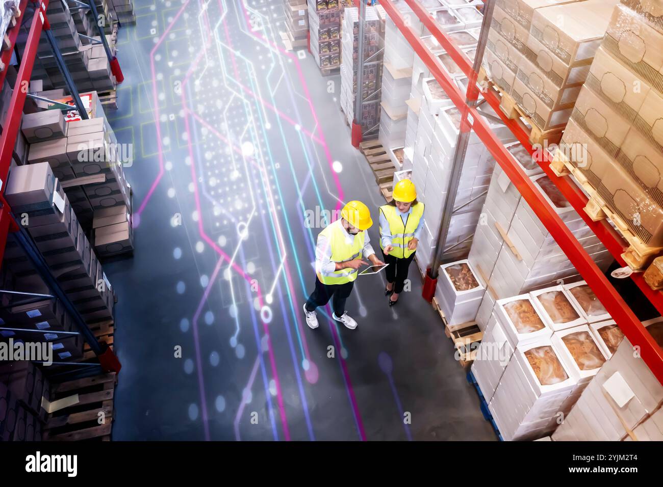 Manager and worker at warehouse, above view. Logistics center, Scheme ...