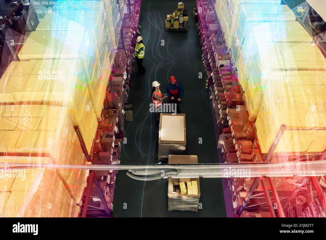 Manager and workers at warehouse, above view. Logistics center. Graphs ...