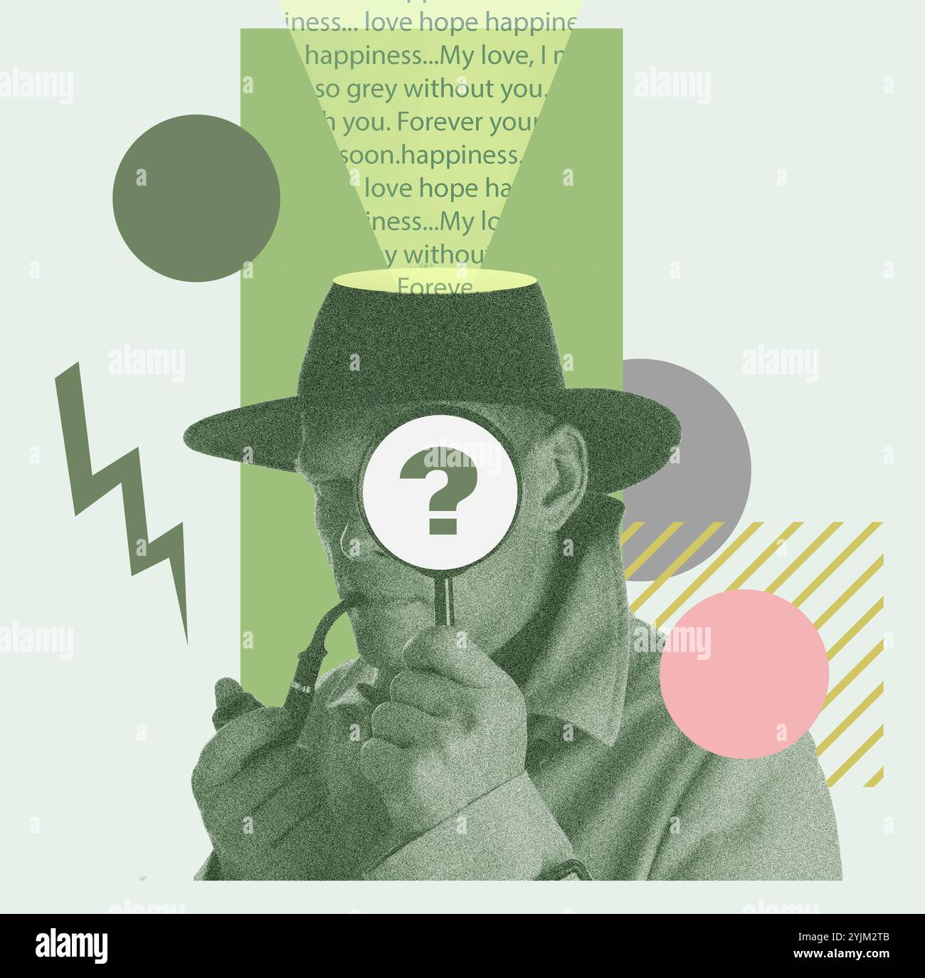 Detective with magnifying glass on color background, creative art ...