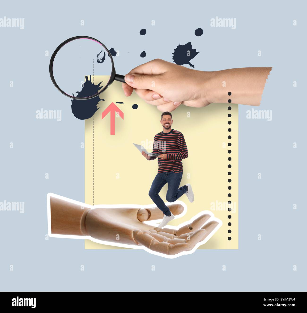 Creative art collage with magnifying glass and man on pink background ...