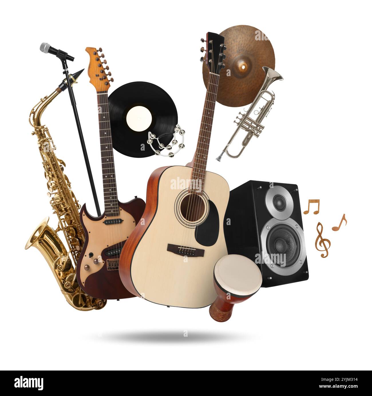 Different musical instruments in air on white Stock Photo - Alamy