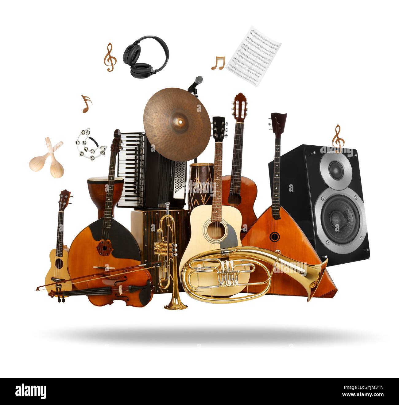 Different musical instruments in air on white Stock Photo - Alamy