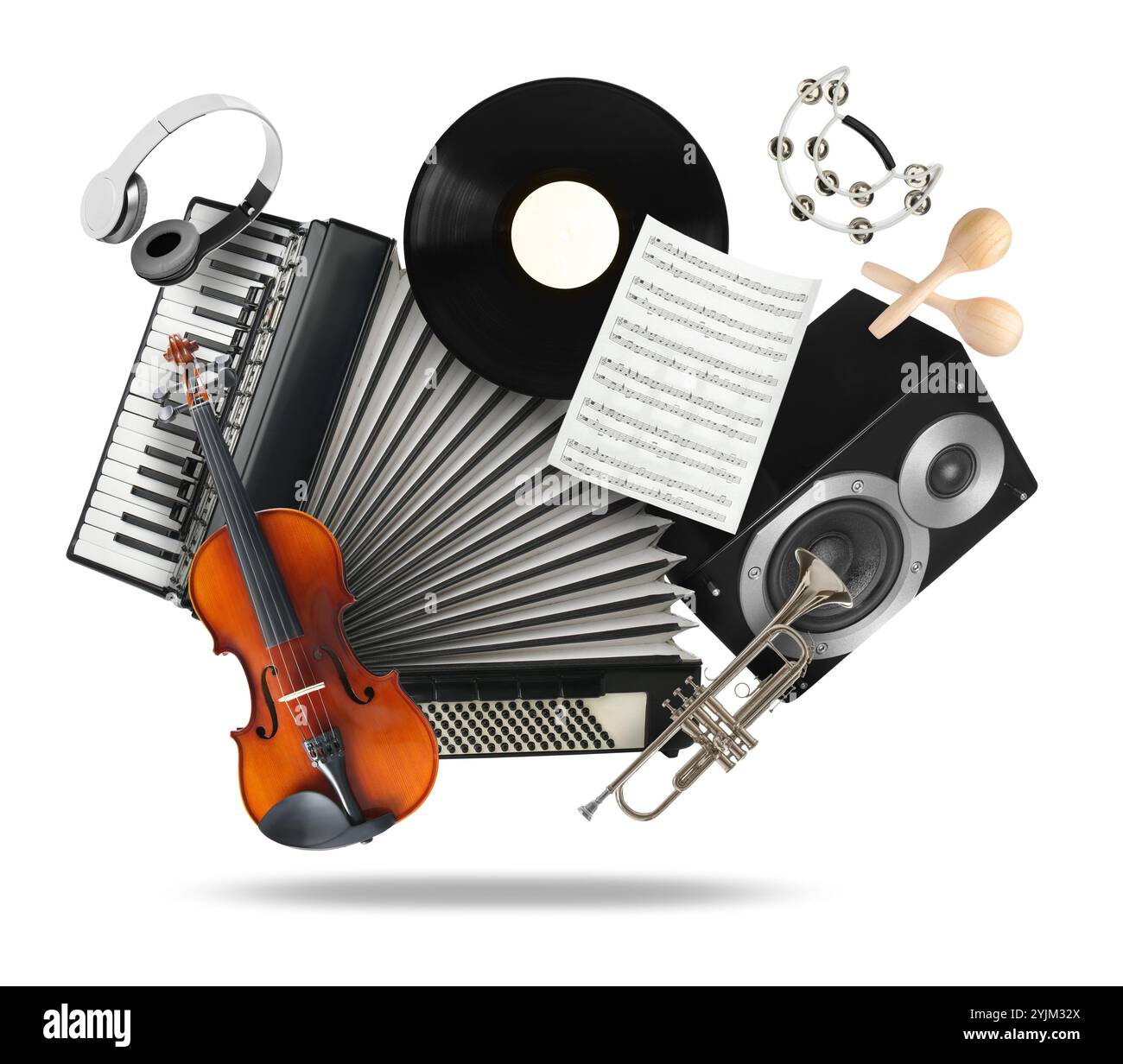 Different musical instruments in air on white Stock Photo - Alamy