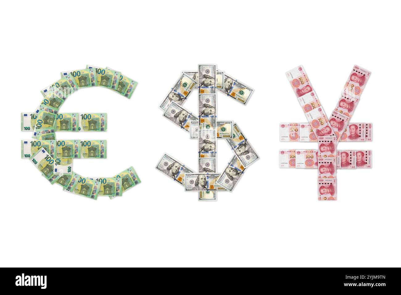Euros, dollars and yuan sign made from banknotes Stock Photo - Alamy