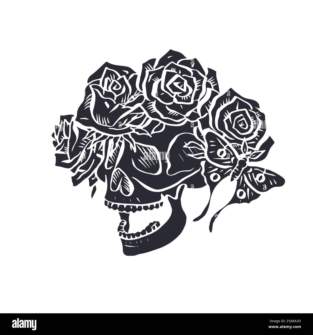 Hand drawn black silhouette floral human skull with rose wreath ...