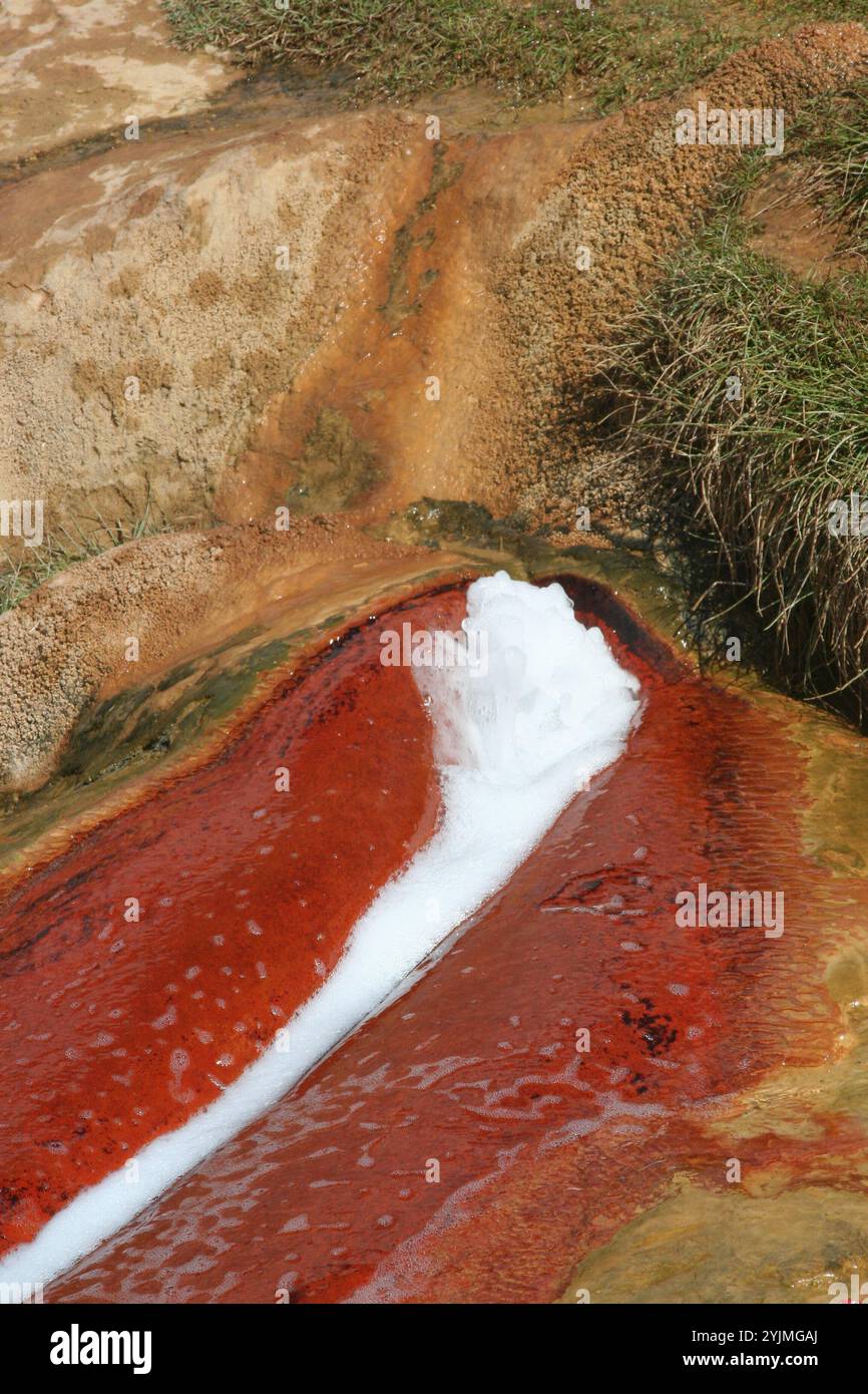 red channel of the geysers d Amparaky filled with water after eruption ...