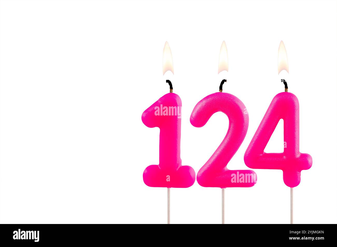 Pink number 124 birthday candle lit on white background Stock Photo - Alamy