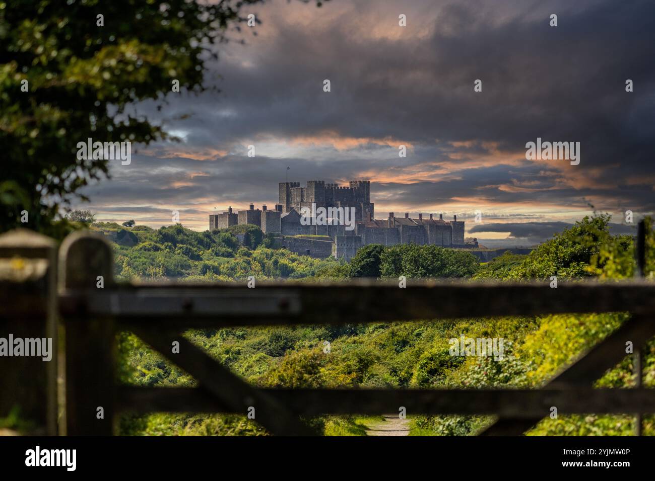 A view of sunset Dover Castle from the White Cliffs of Dover in Kent ...