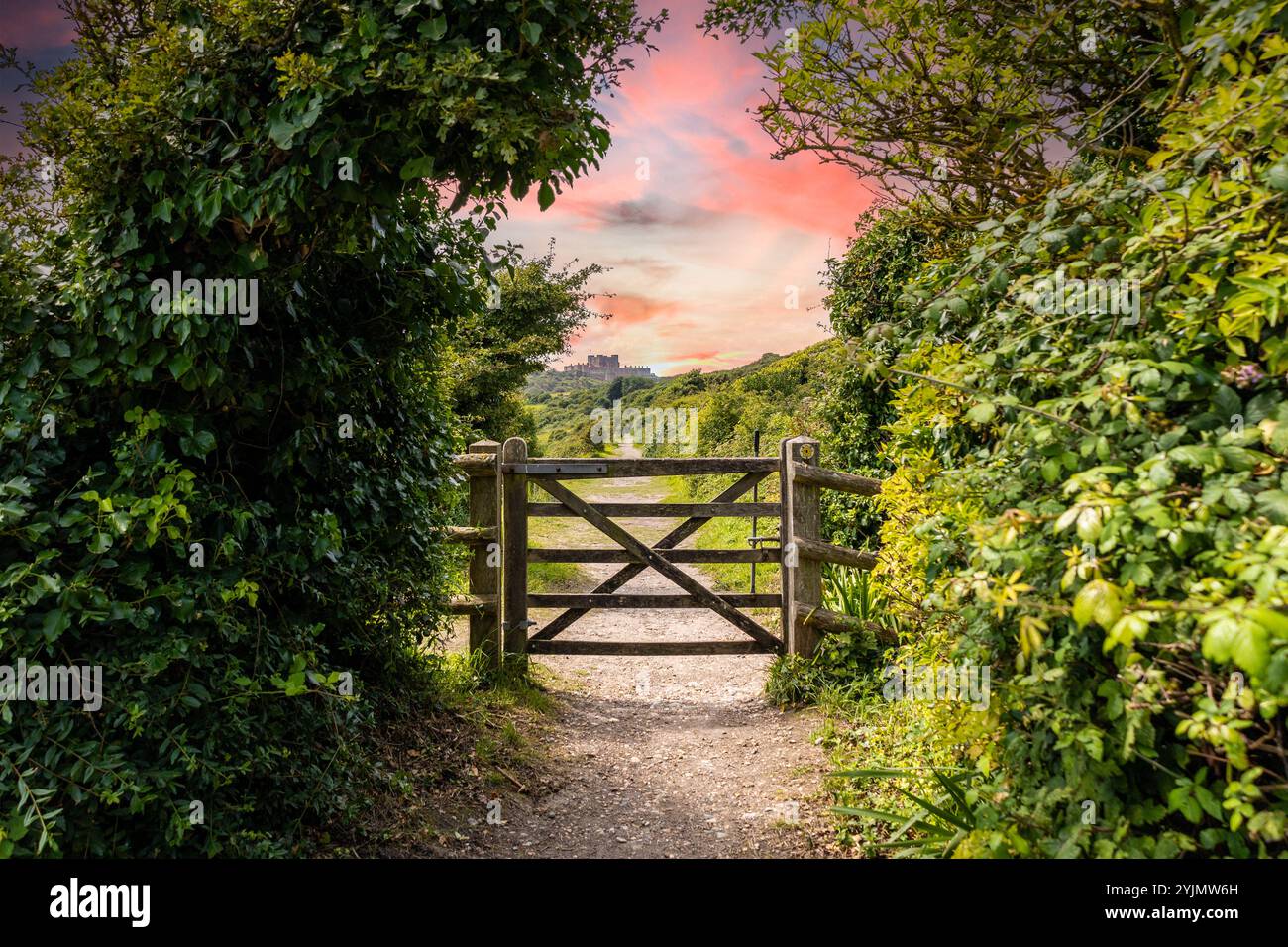 A view of sunset Dover Castle from the White Cliffs of Dover in Kent ...