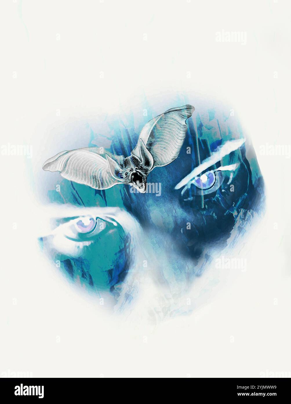 Art: solarised face with hypnotic eyes and bat, suit Dracula, vampire ...