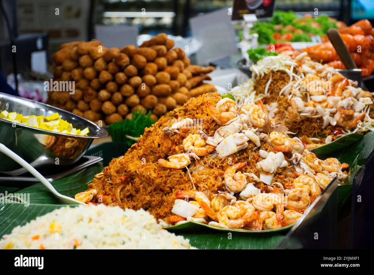 Traditional local street food cooking many variety cuisine stir fried ...