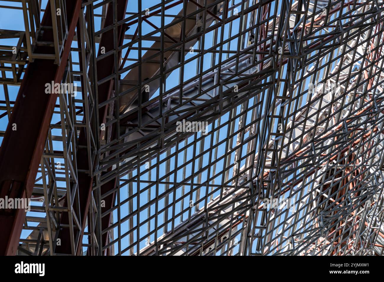 Uprisen angle photo shot of the huge steel roof frame structure detail ...