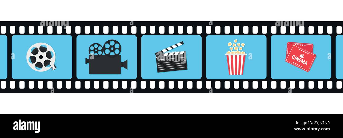 Cinema icons in filmstrip frames. Film reel, camera, clapperboard ...