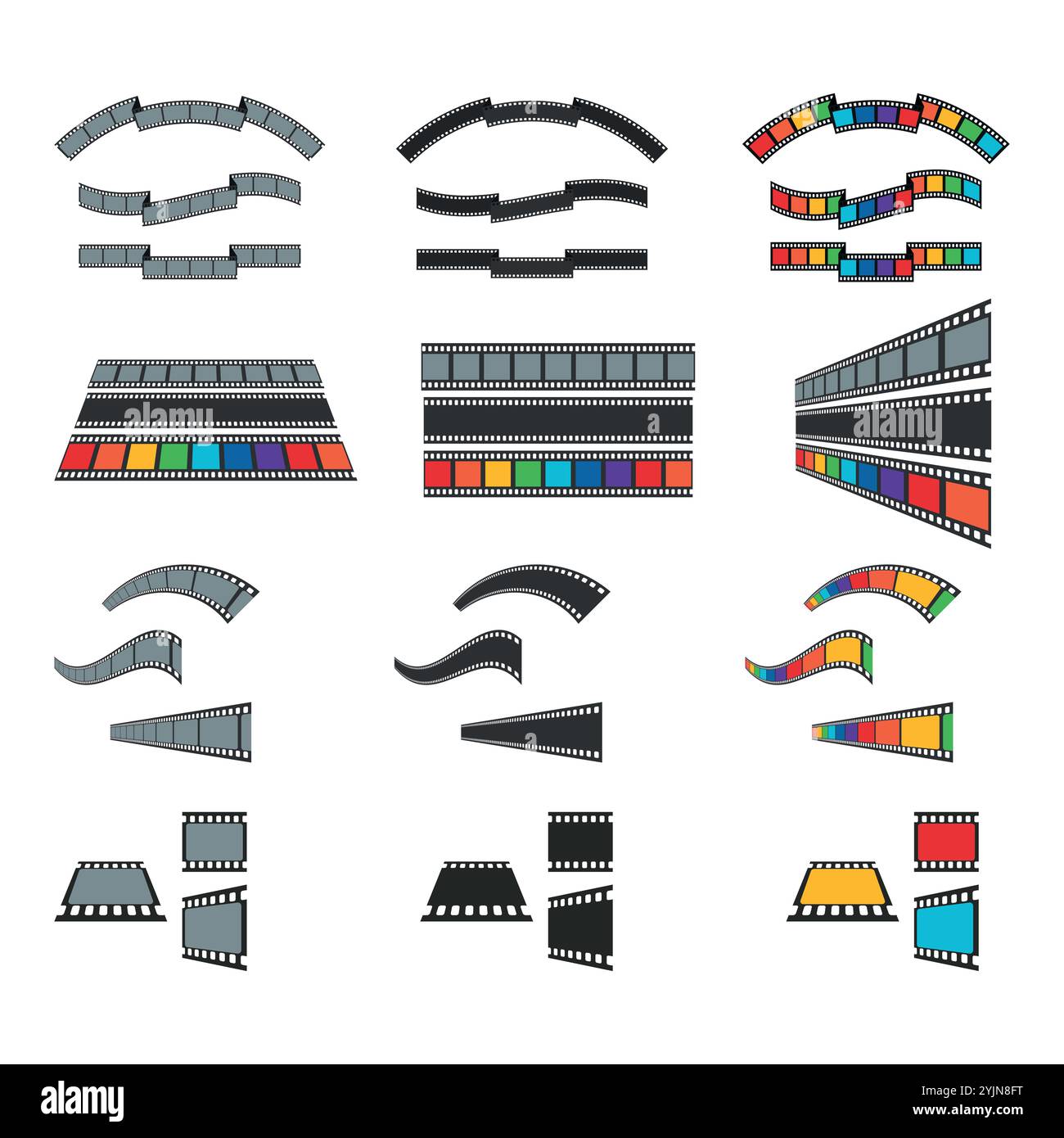 Set of different shaped and colored film strips. Curved and wavy, black ...