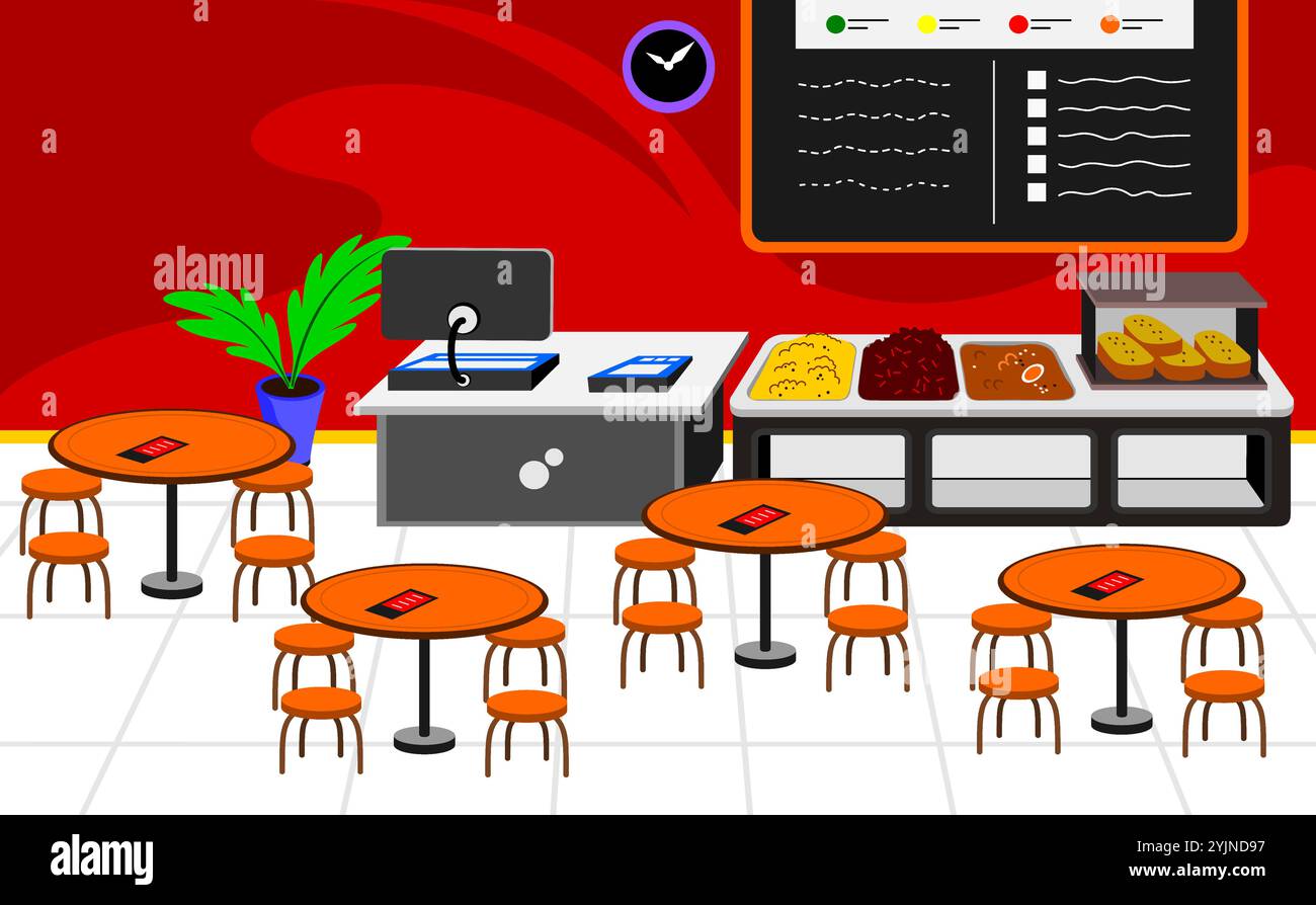 restaurant interior and several kinds of food menu illustration Stock ...