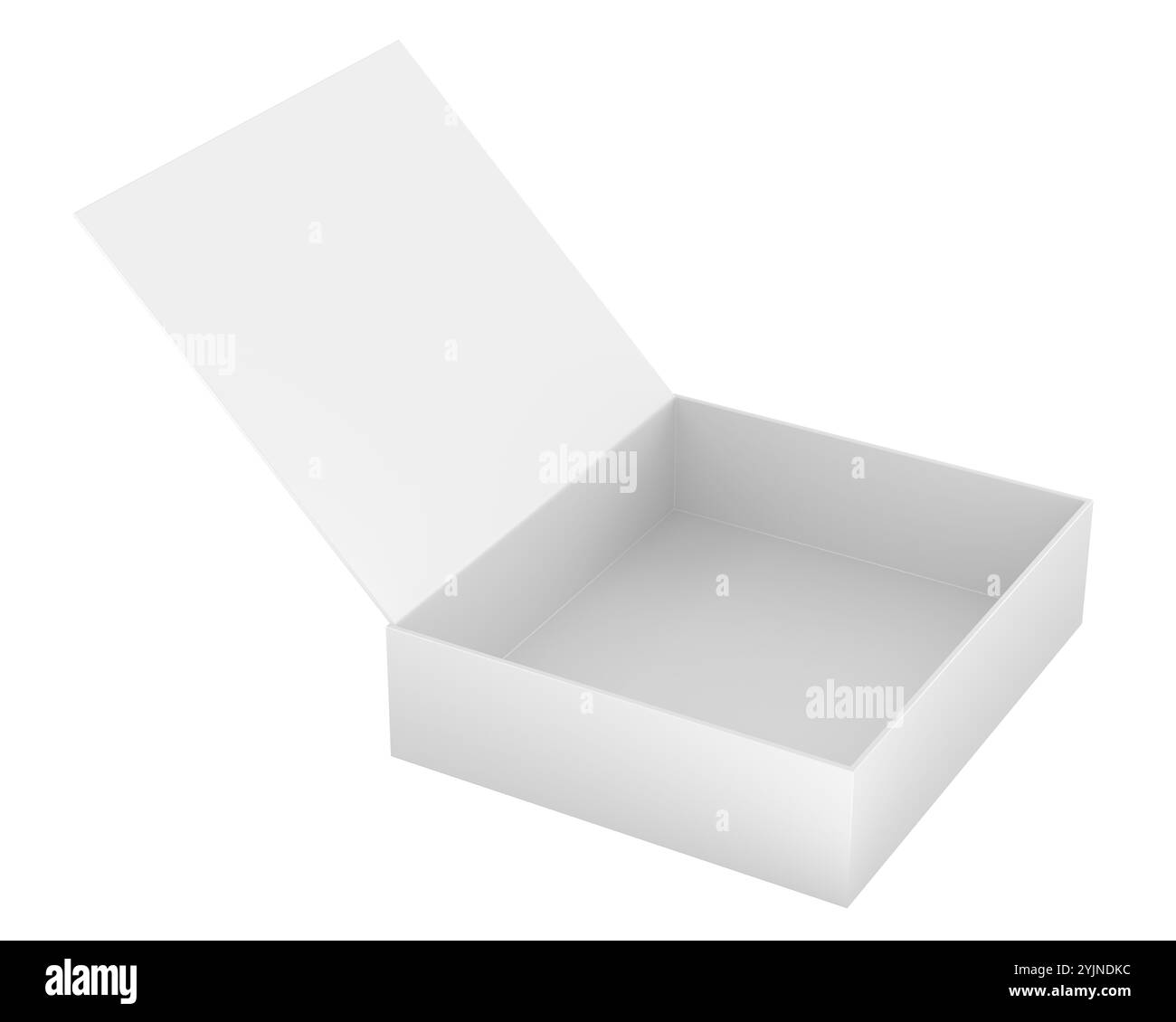 Blank white flat square gift box with opened hinged flap lid. 3D ...