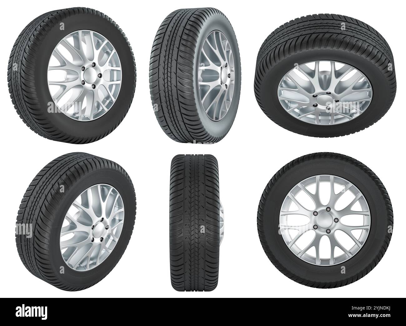 Car alloy wheel with tyre, different views. 3D rendering isolated on ...