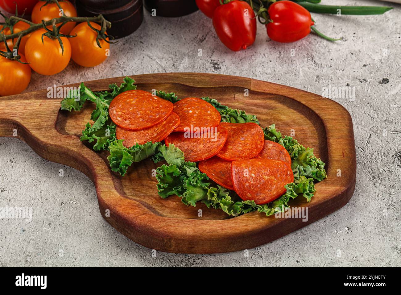 Spanish salami cured chorizo sausage slices Stock Photo - Alamy