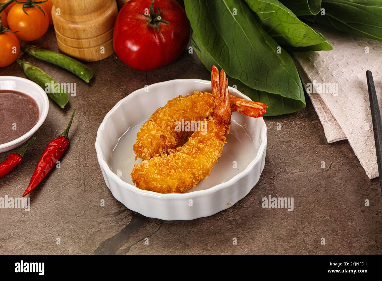Crispy breaded golden fried prawns with sauce Stock Photo - Alamy