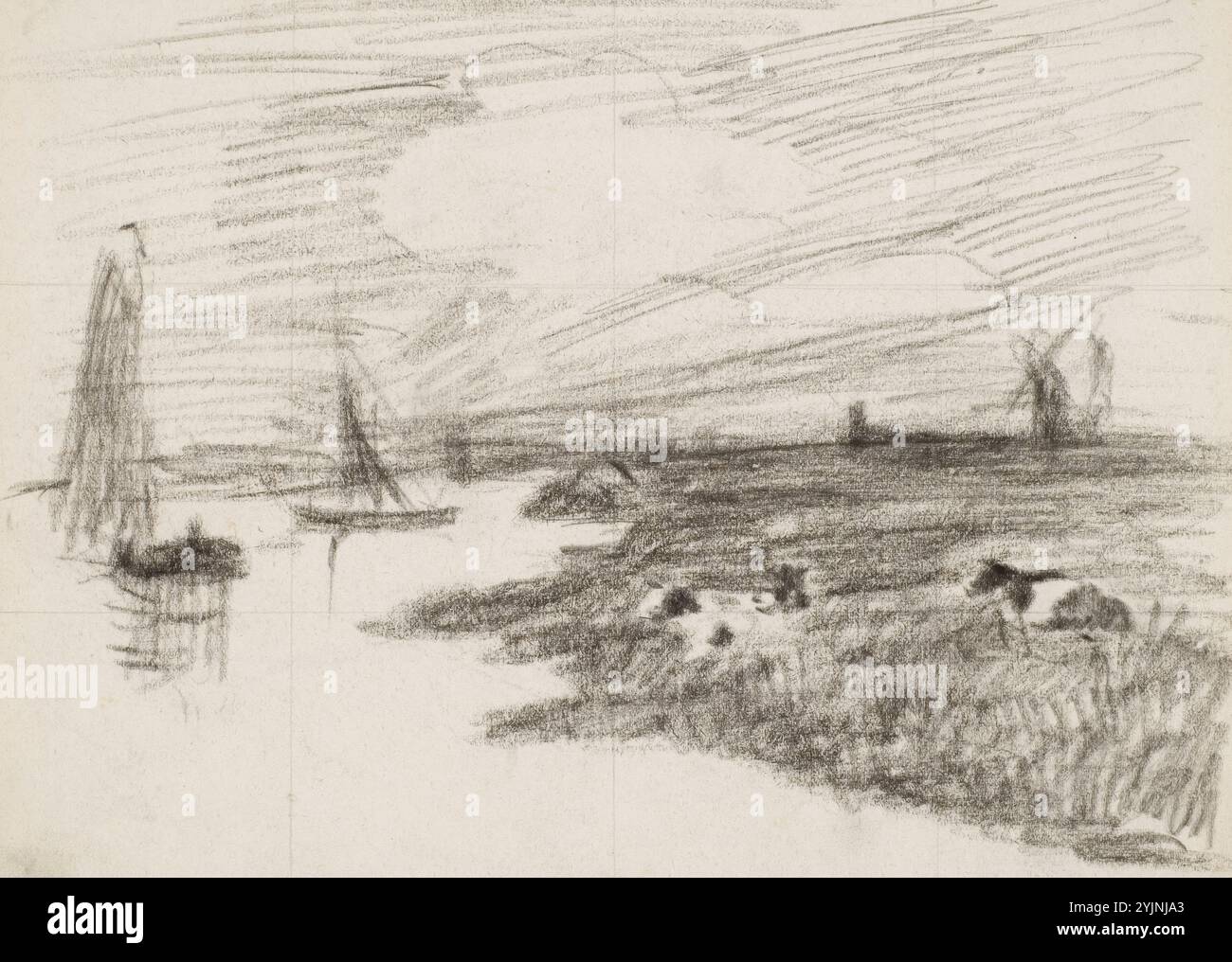 Finch, Alfred William, work, Dutch beach landscape, black chalk ...