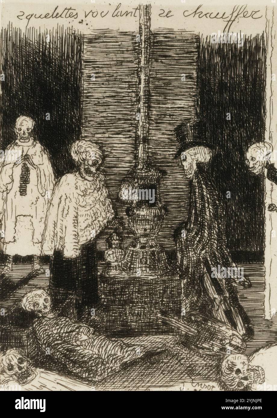 Ensor, James, work, Skeletons warming up, 1895, line etching, graphics ...