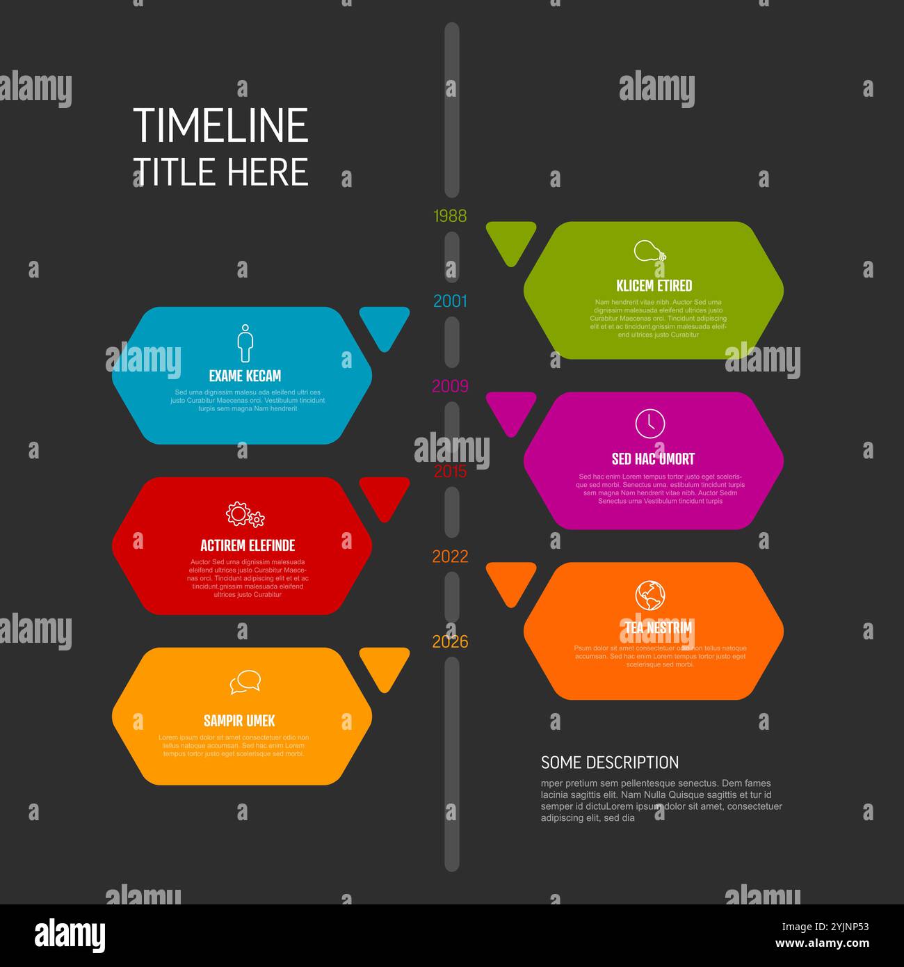 Simple solid color timeline template with content hexagons and triangle ...
