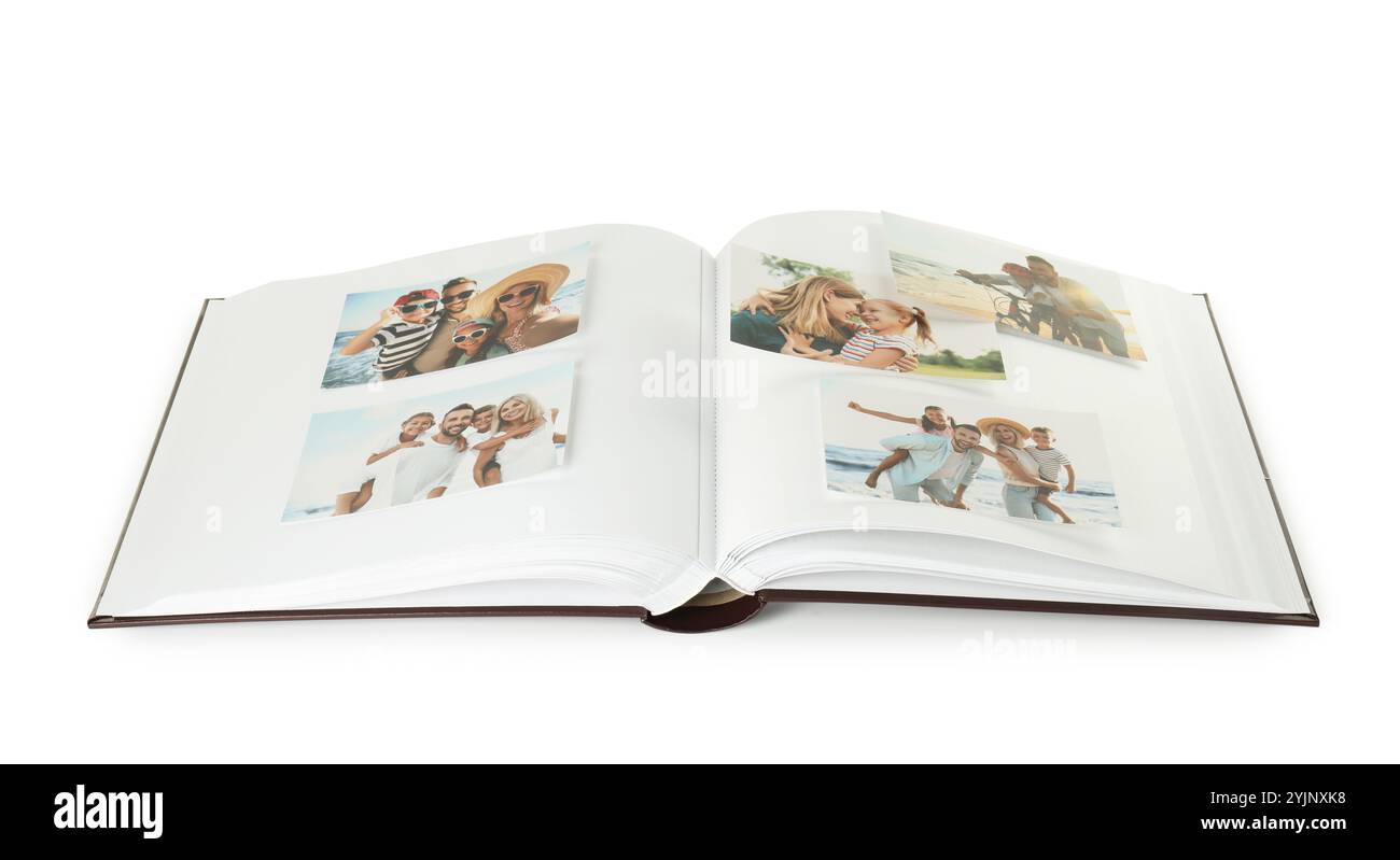 Open photo album with different photos isolated on white Stock Photo ...