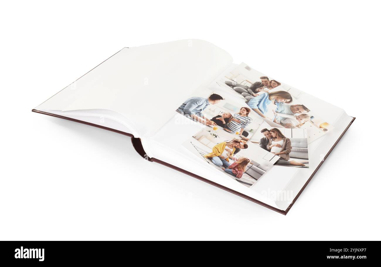 Open photo album with different photos isolated on white Stock Photo ...