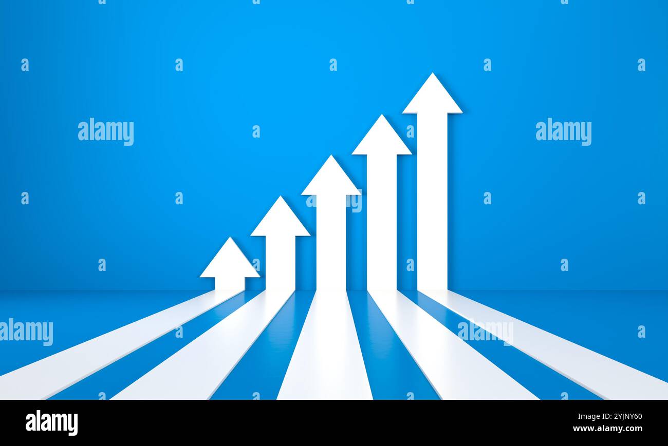 White arrows pointing upwards growth and success blue background 3d ...