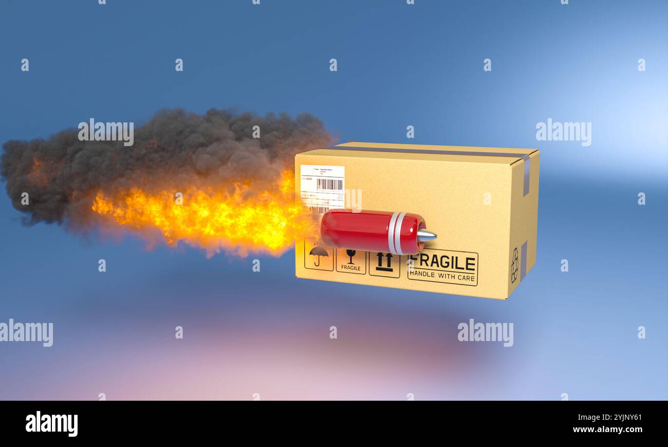 Cardboard box flying with rocket booster leaving fire and smoke trail ...