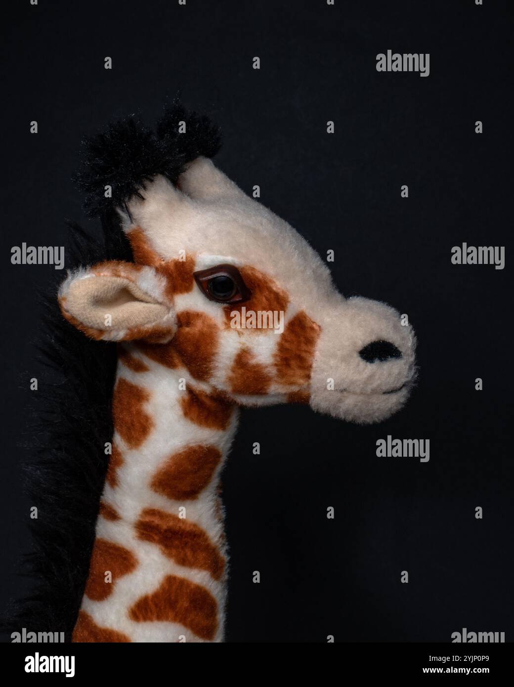 Neck and head of a stuffed plush giraffe toy on a black background ...