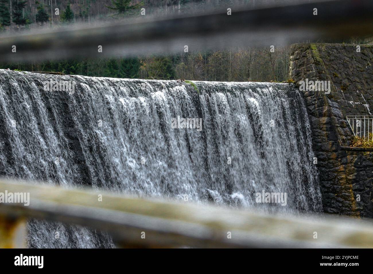 High water level on the Vistula River, water falling from the waterfall ...