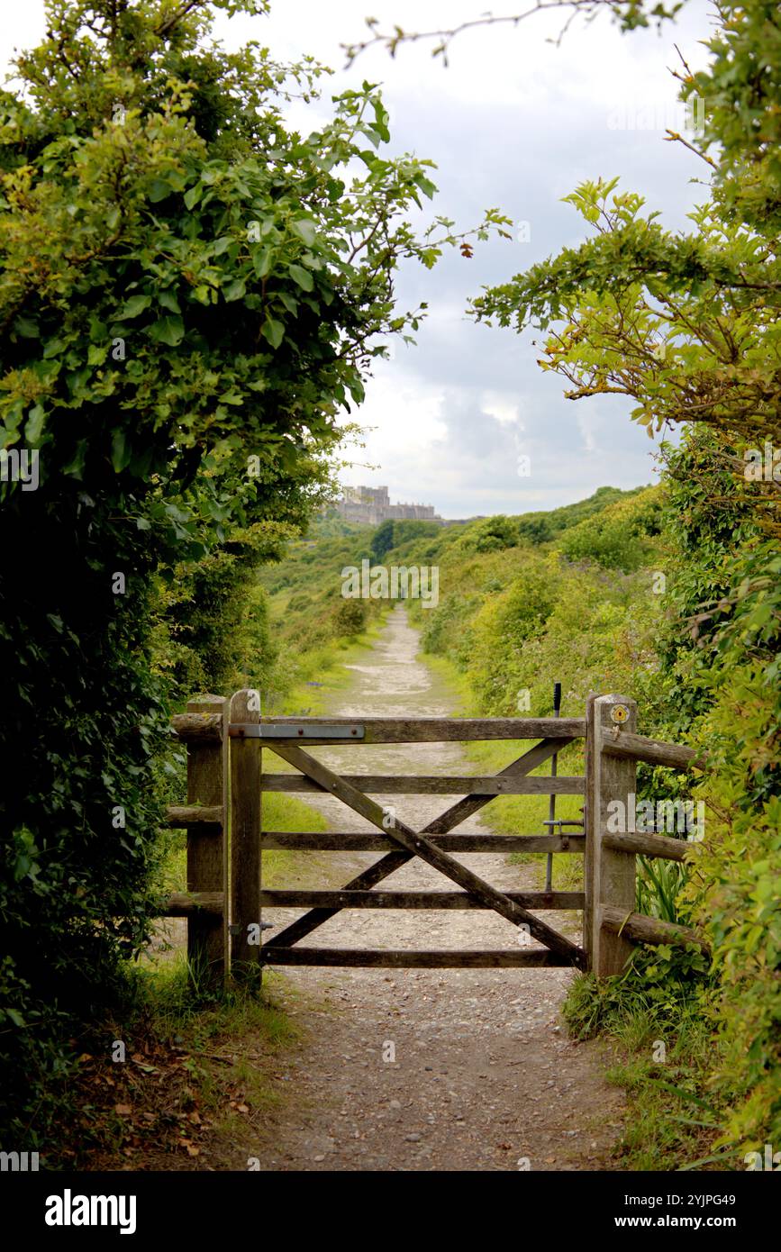 A view of sunset Dover Castle from the White Cliffs of Dover in Kent ...