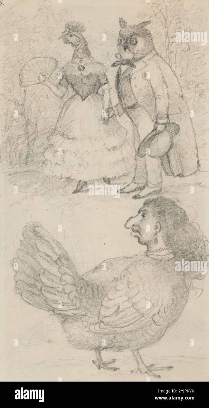 Wright, Ferdinand von, Caricatures, a couple with a hen's head on the ...