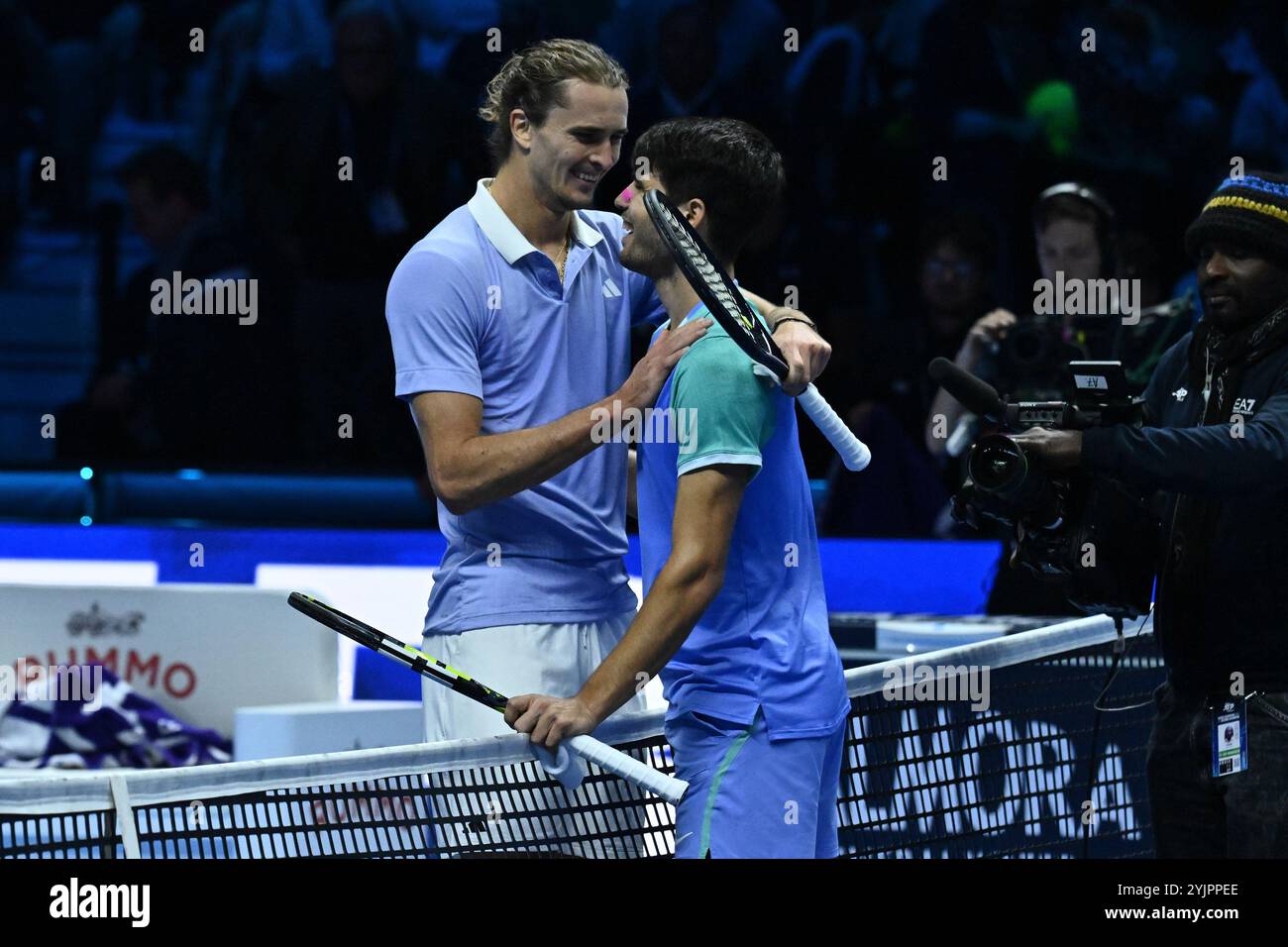 Alexander Zverev (GER) and Carlos Alcaraz (ESP) during day six of the Nitto ATP finals 2024 at ...