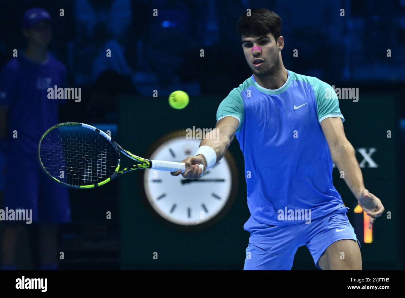 Carlos Alcaraz (ESP) in action against Alexander Zverev (GER) during day six of the Nitto ATP ...