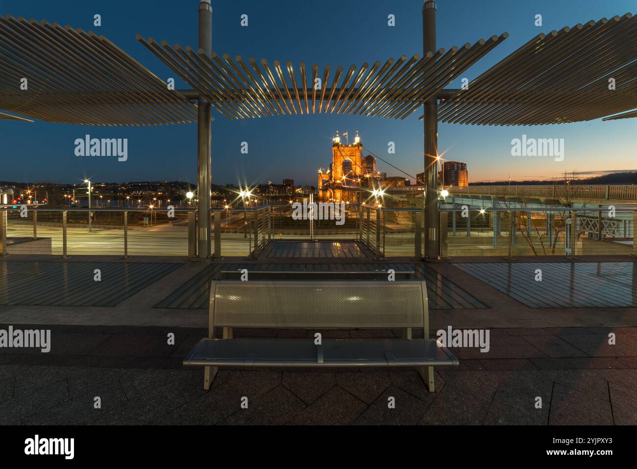 park bench and roebling bridge Stock Photo - Alamy