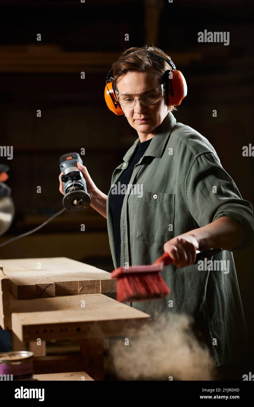 A dedicated carpenter meticulously sands a piece of wood, surrounded by ...