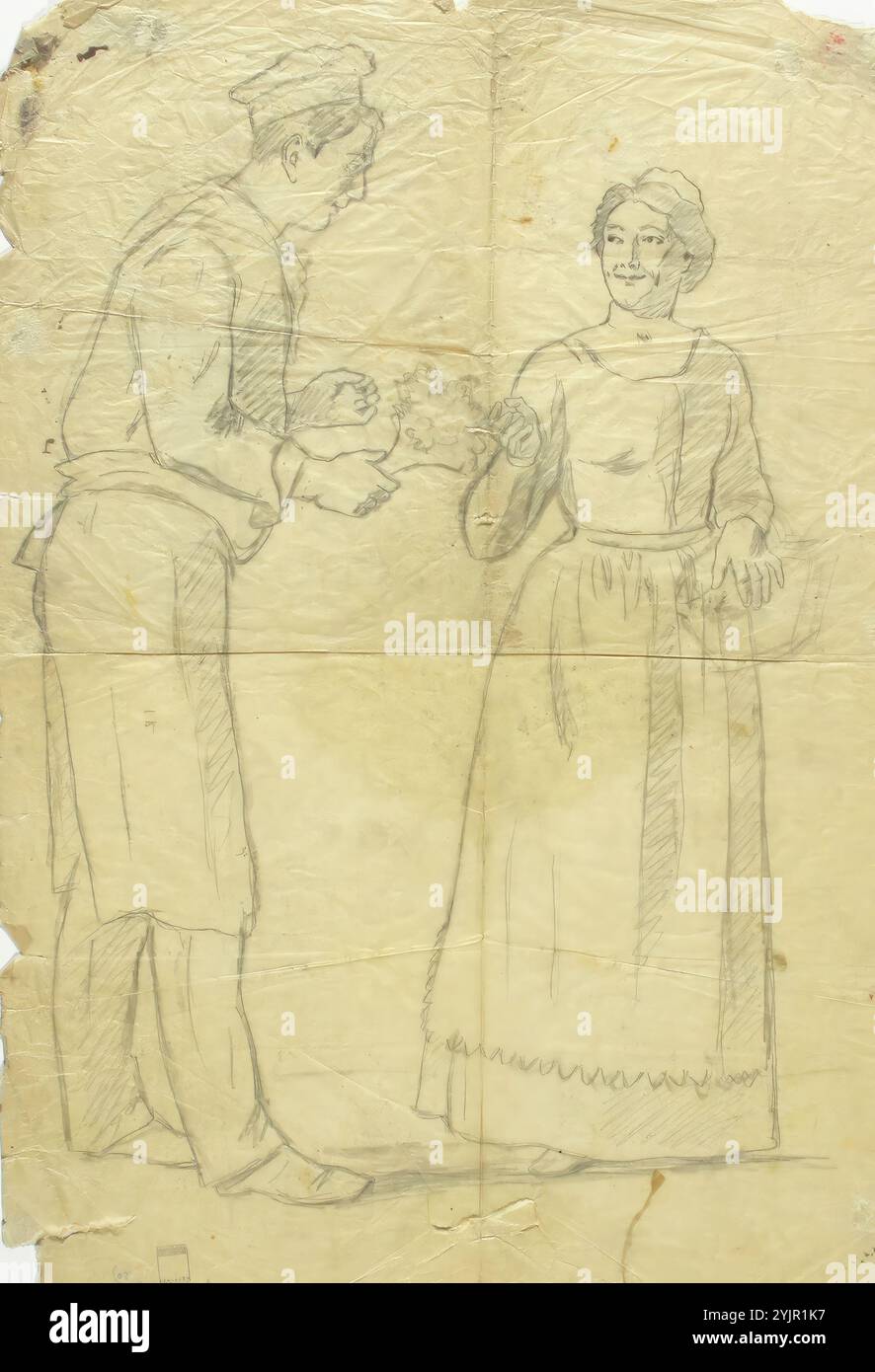Becker, Adolf von, work, Chef handing a bouquet to a woman, pencil on ...