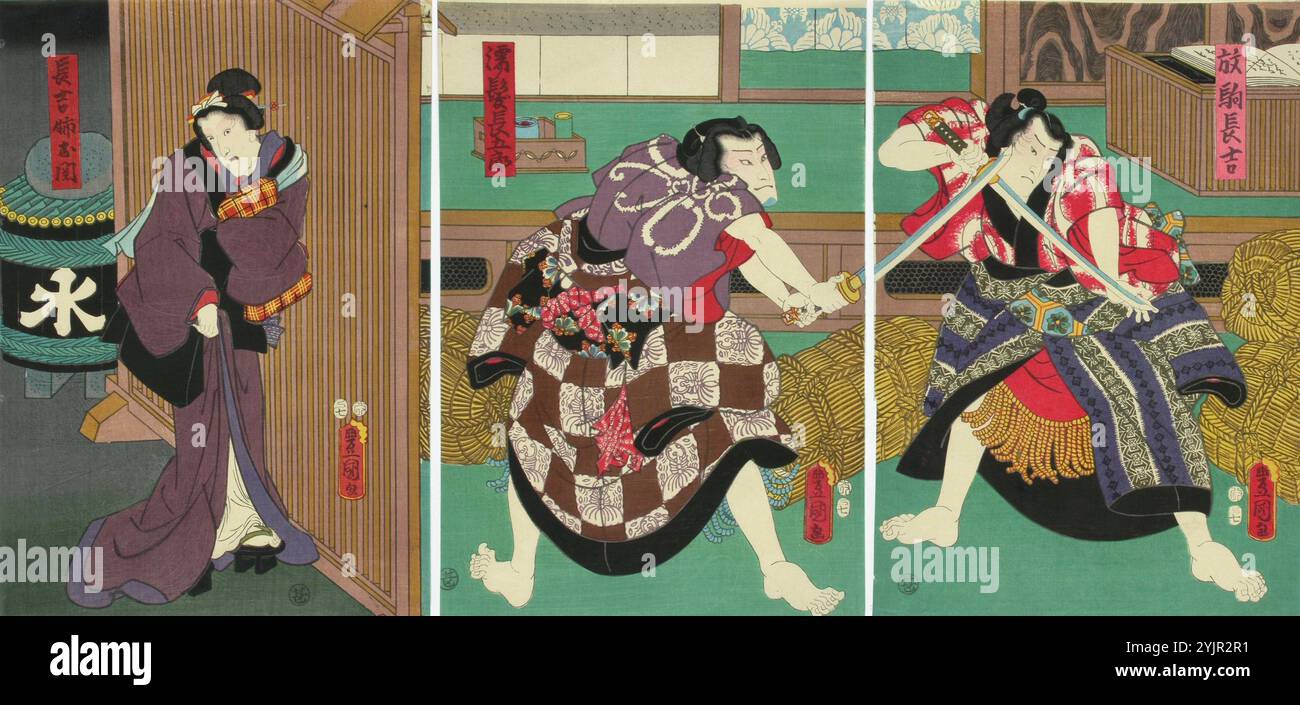 Kunisada, B, C, work, Actors Kataoka Ichizo, Nakamura Fukusuke and Ichikawa Danzo VI in the play ...