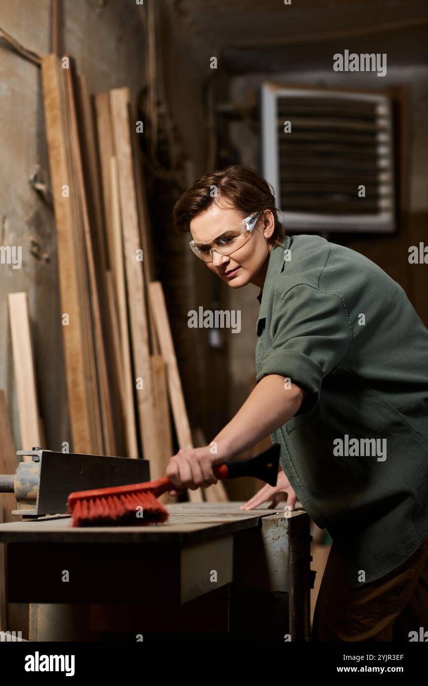 A talented carpenter works diligently with wood in her cozy workshop ...