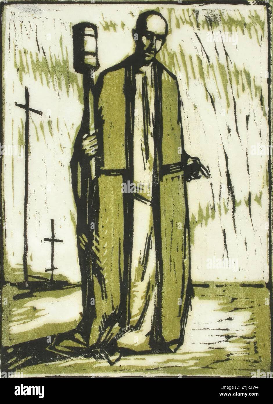 Ericsson, Henry, Monk holding a lantern, colored woodcut, graphics ...